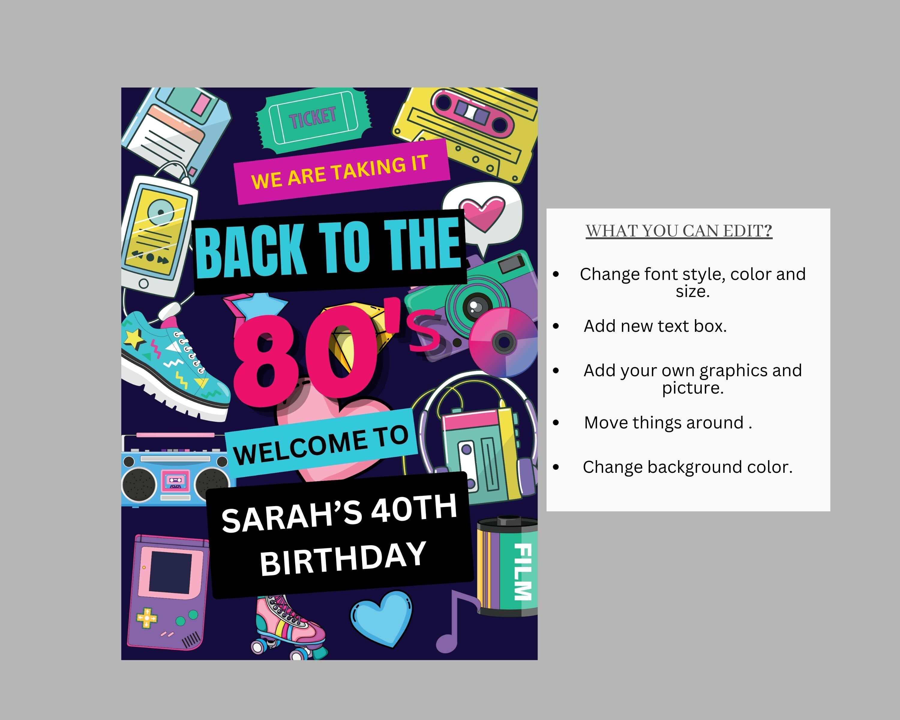 Editable 80s Party Welcome Sign, Back to the 80s, Throwback Party ...