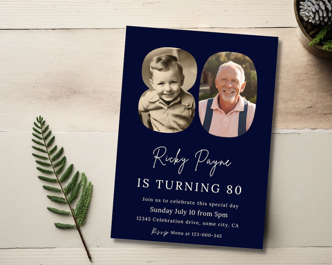 80th Birthday Invitation for Men With Photo, Party Invitations for ...