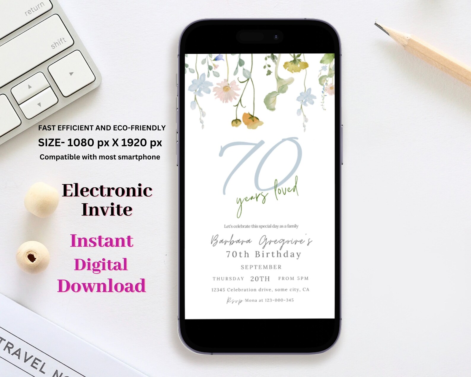 Electronic 70th Birthday Invitation for Women Digital, Floral & Greens ...