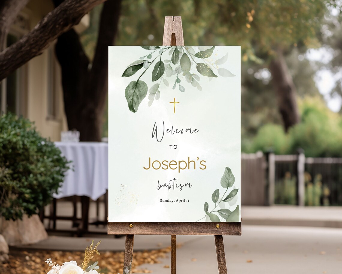 Baptism Welcome Sign for Boy or Girl, Green Eucalyptus Christening ...