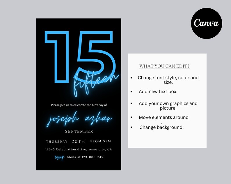 15th Birthday Party Invitation Boys, Digital Download, Blue Neon ...