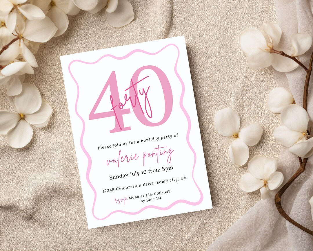 40th Birthday Invitation for Women, Pink Wavy Border, Fortieth Birthday ...