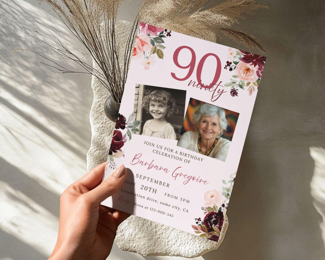 Floral 90th Birthday Invitations With Photo 90th Birthday Invite ...