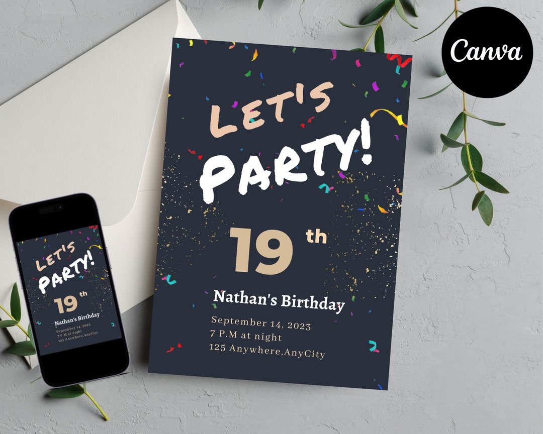 19th Birthday Invitation, Black Lets Party Birthday Party Invite Boy ...