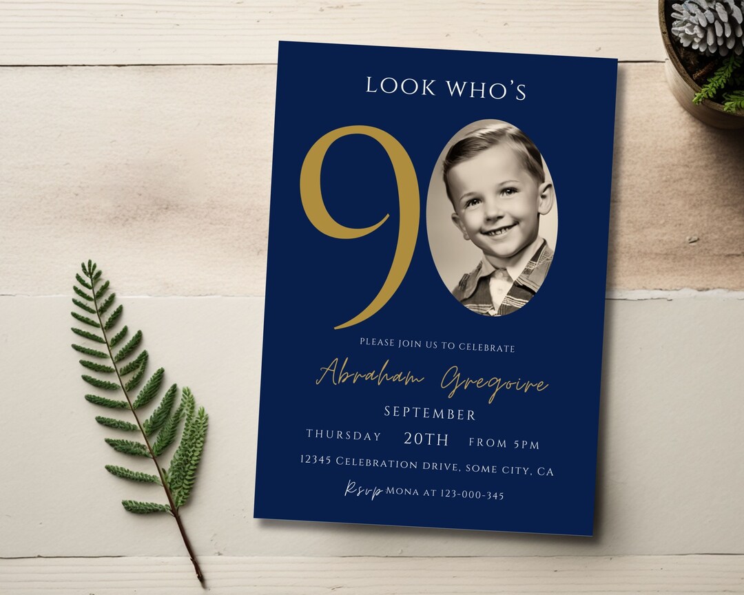 90th Birthday Invitation,look Who's 90 Photo Invite for Men, Navy Blue ...