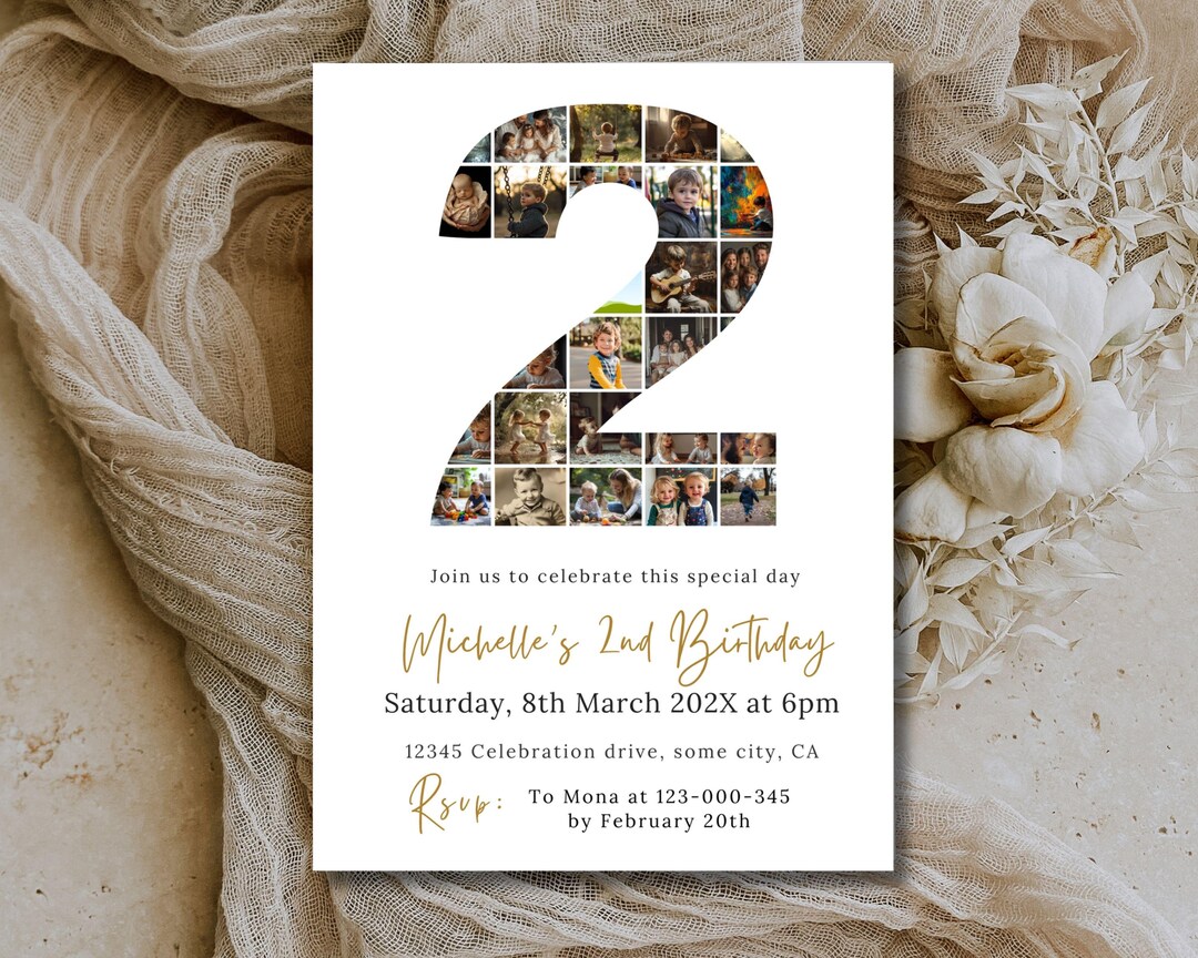 2nd Birthday Invitation Photo Collage, Boy or Girl 2 Year Old Invite ...