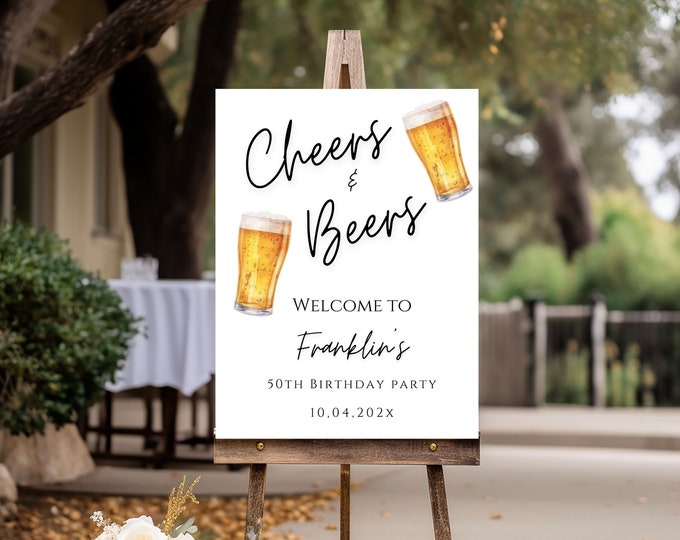 Cheers and Beers Birthday Welcome Sign, Editable Beer Party Poster ...