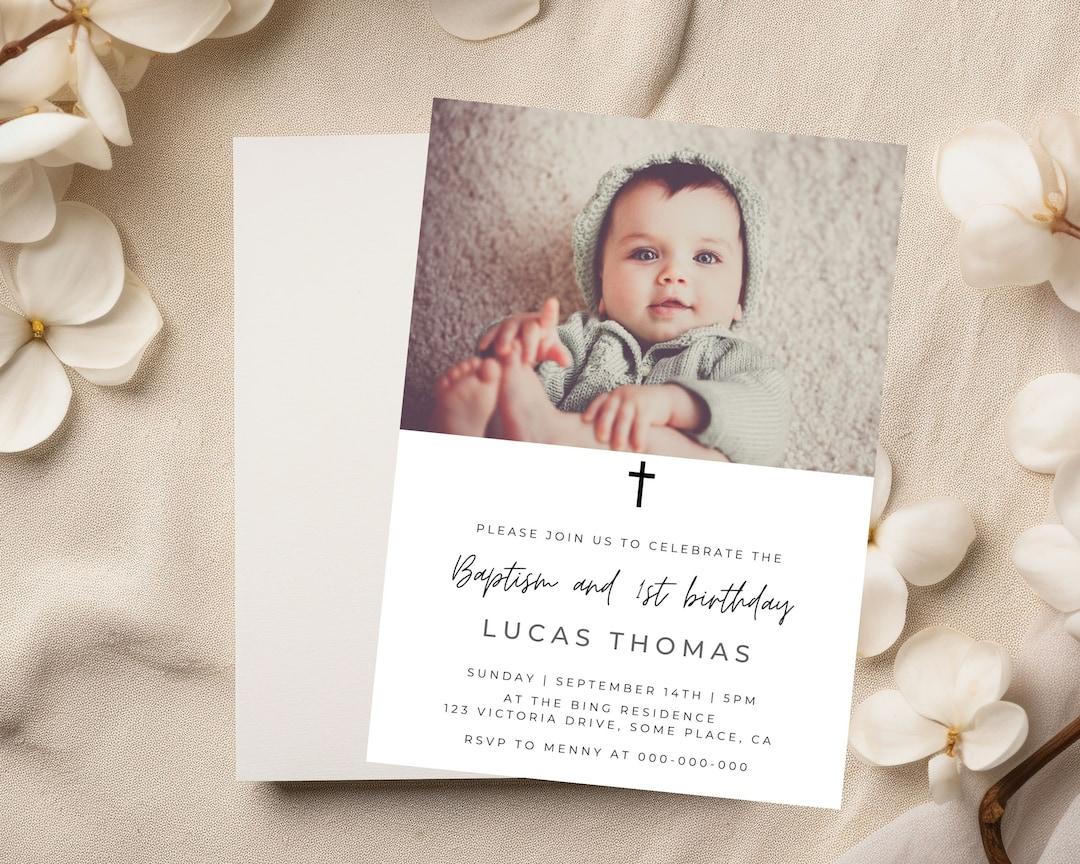 Baptism and 1st Birthday Invitation Template, Printable Photo Invite ...