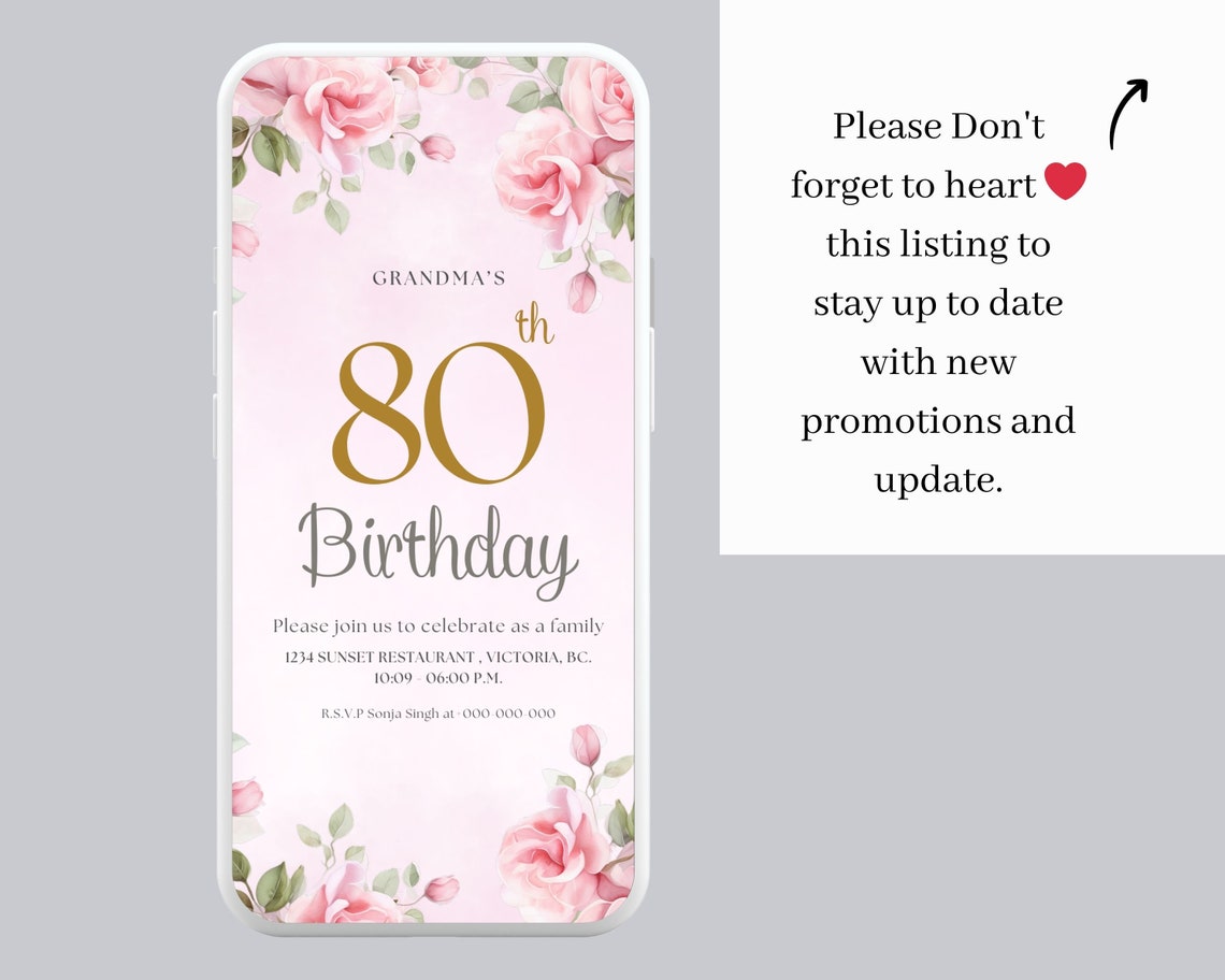 Digital 80th Birthday Party Invitation, Pink Watercolor Flowers ...