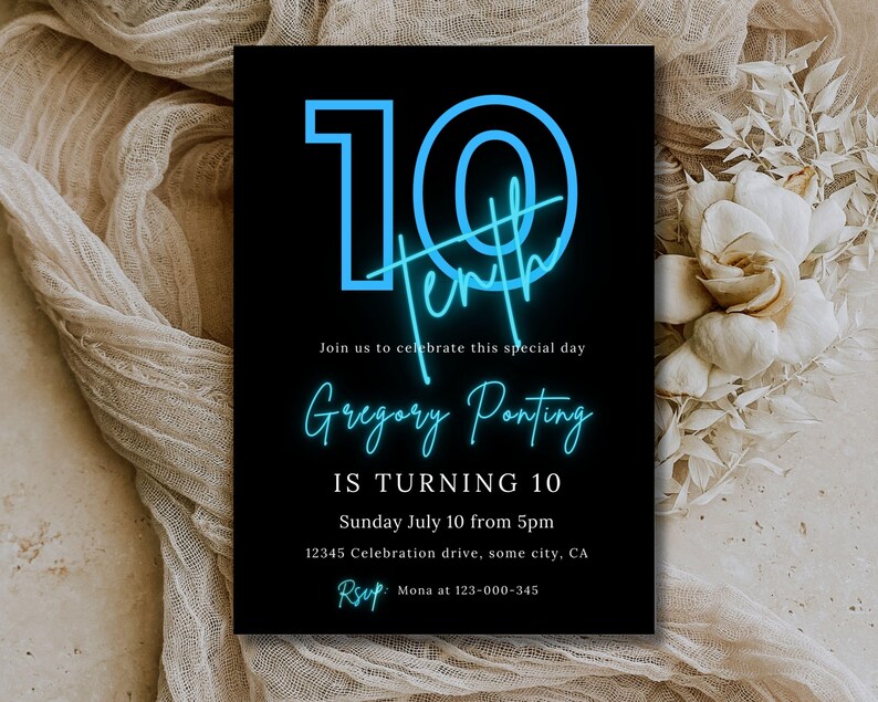 Blue Neon 10th Birthday Invitation, Teen Party Template (canva) - 58 - Etsy