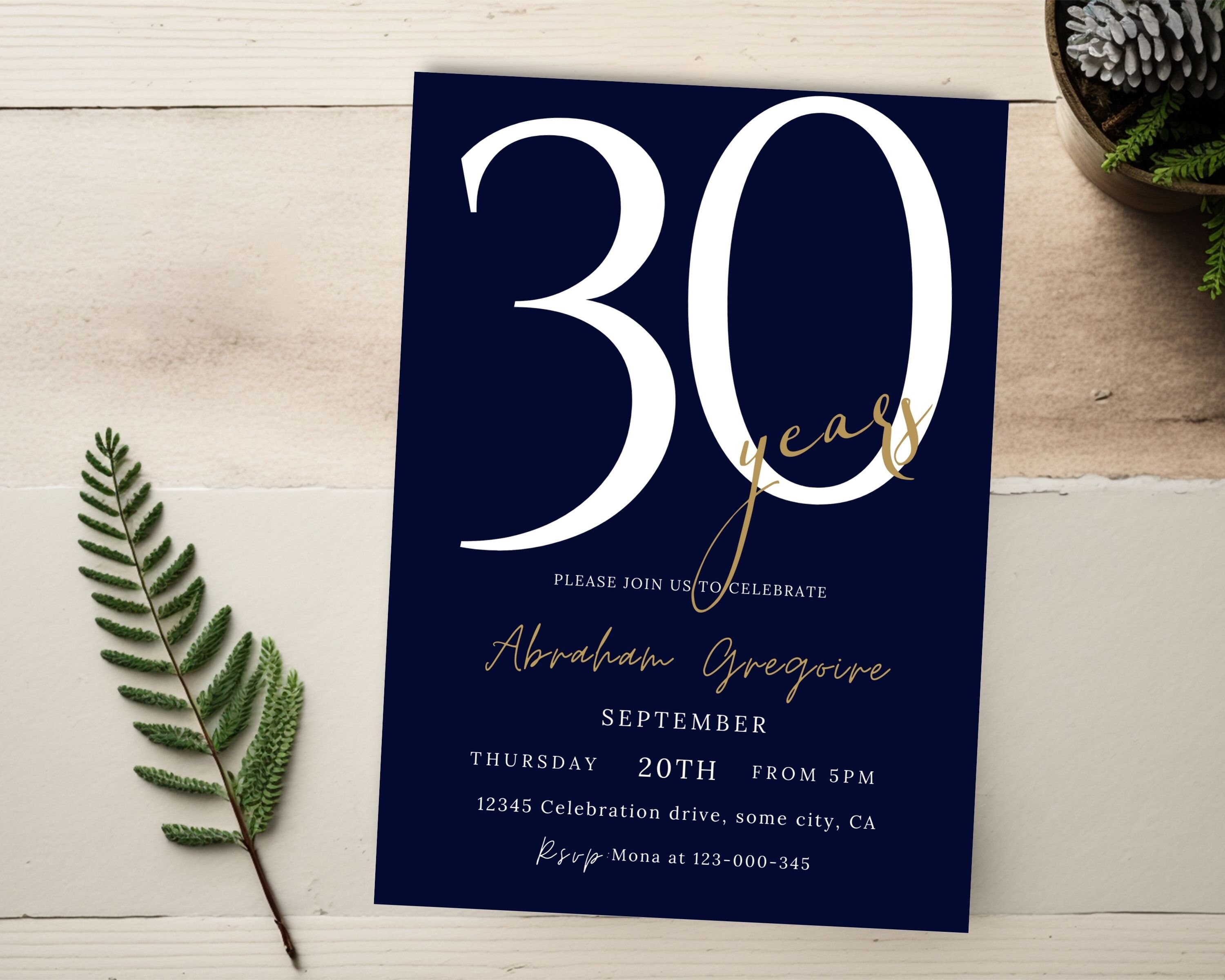 30th Birthday Invitation for Him, Digital Navy Blue 30th Birthday ...