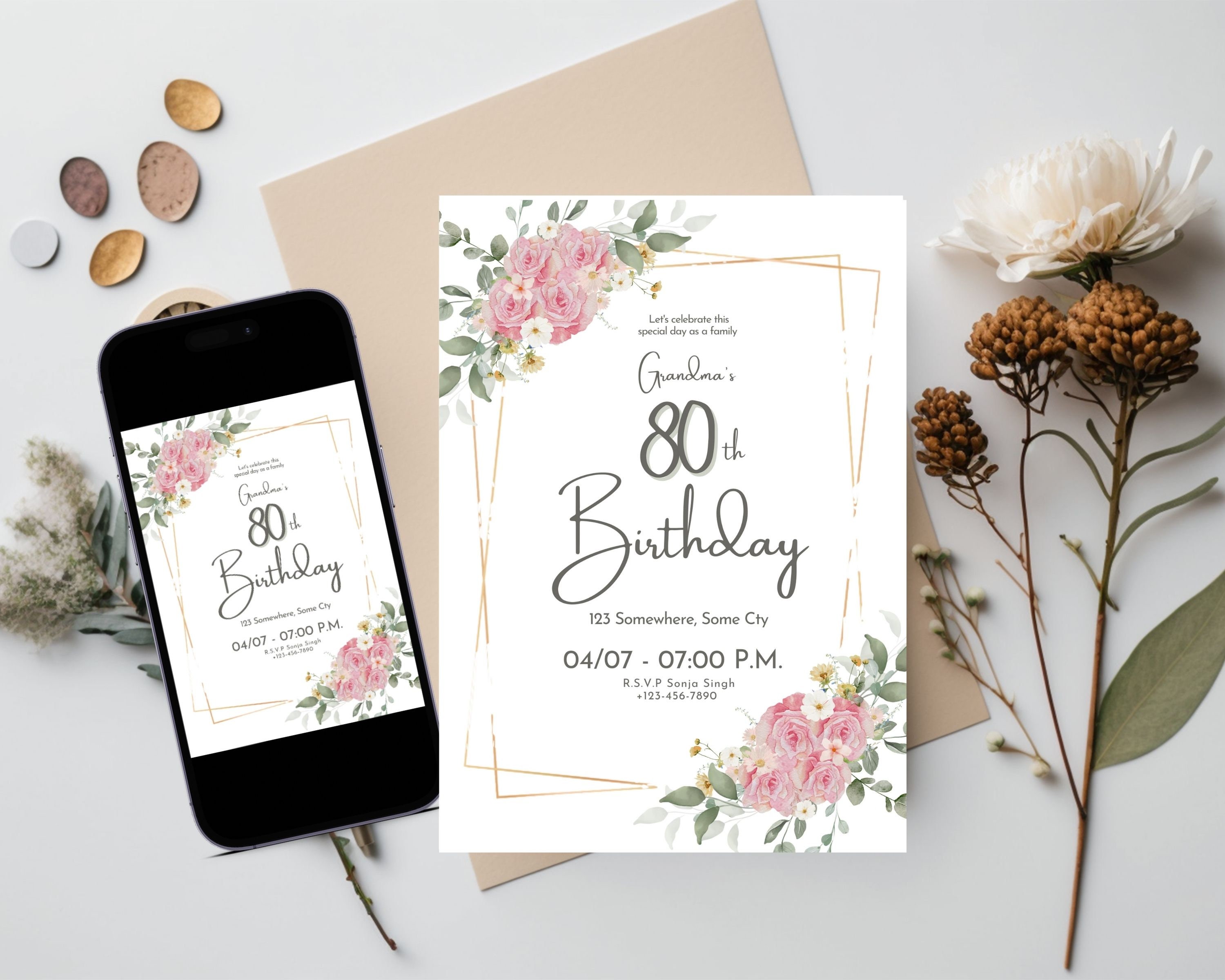 80th Birthday Invitation for Women, Digital Template, Pink Roses ...