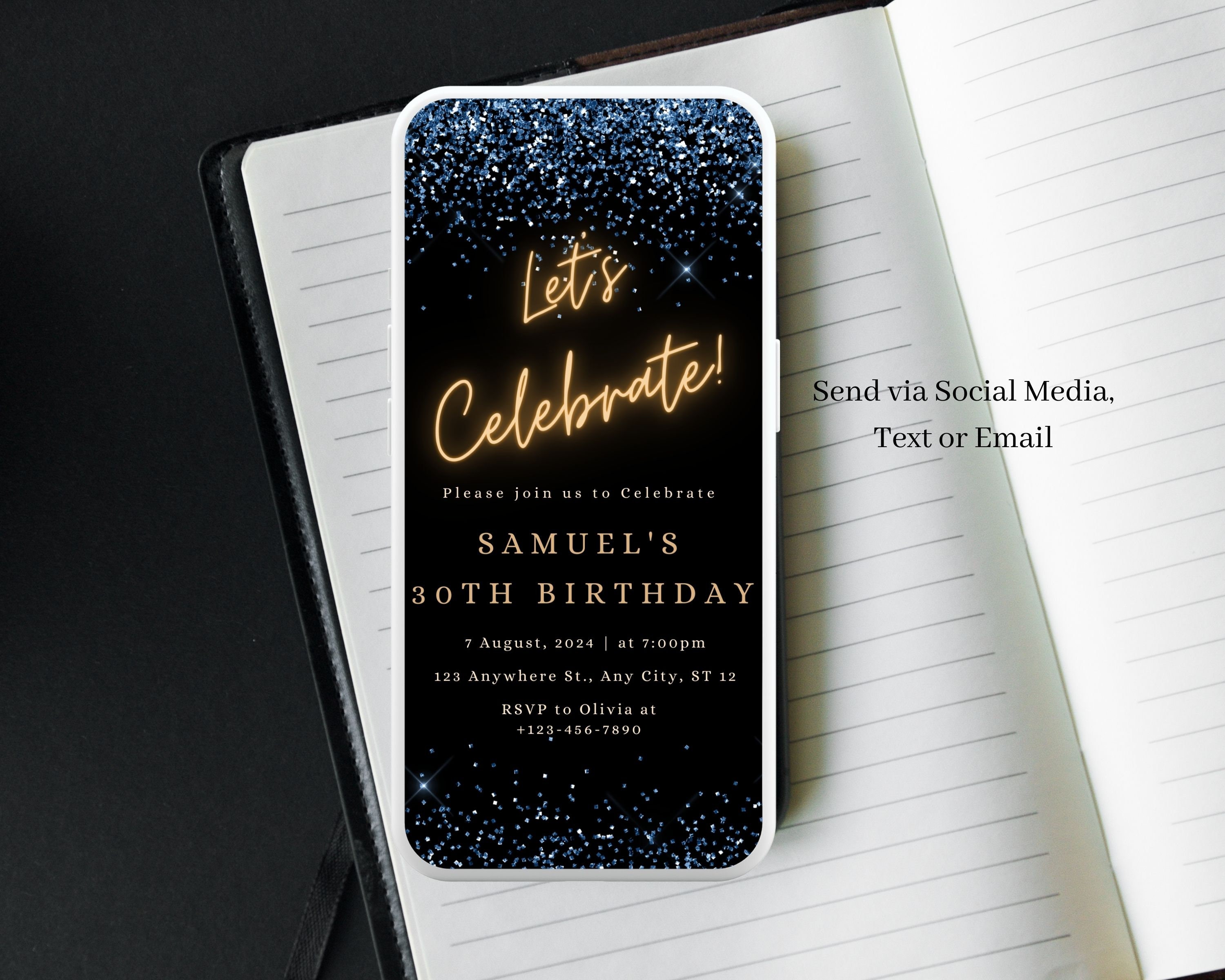 Electronic Birthday Invitation Template for Adult Men Blue Glitter ...