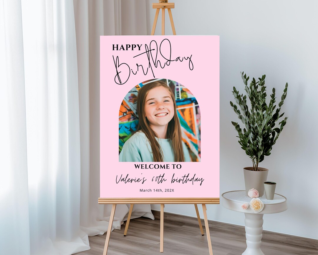 Pink Happy Birthday Welcome Sign With Photo, Kids or Adult Birthday ...