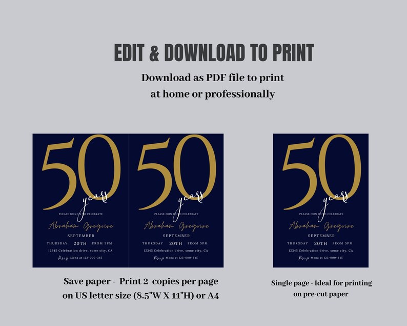 50th Birthday Invitation, Navy Blue & Gold Birthday Invitation Template ...