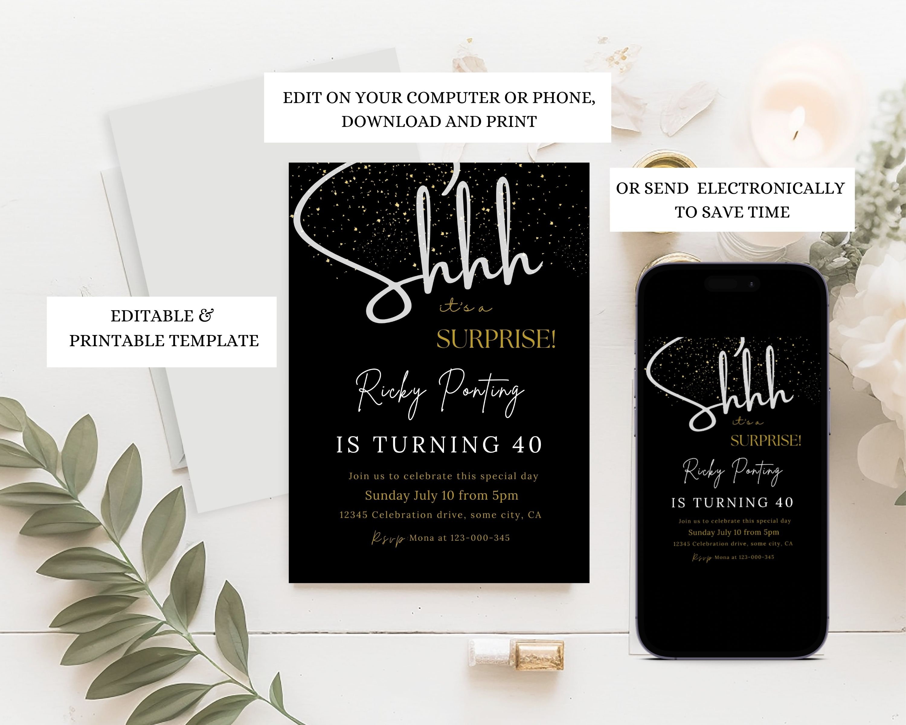 Surprise Birthday Party Invitation Template, Black and Gold, Shh It's a ...