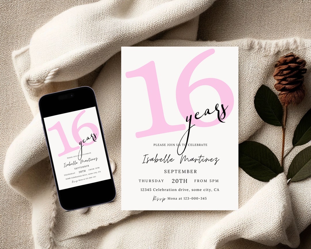 16th Birthday Invitation Editable,pink 16th Birthday Invite Girl ...