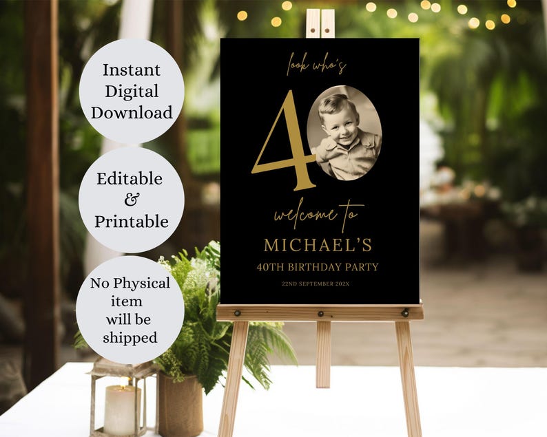 40th Birthday Welcome Sign With Photo, Black and Gold Party Decor ...