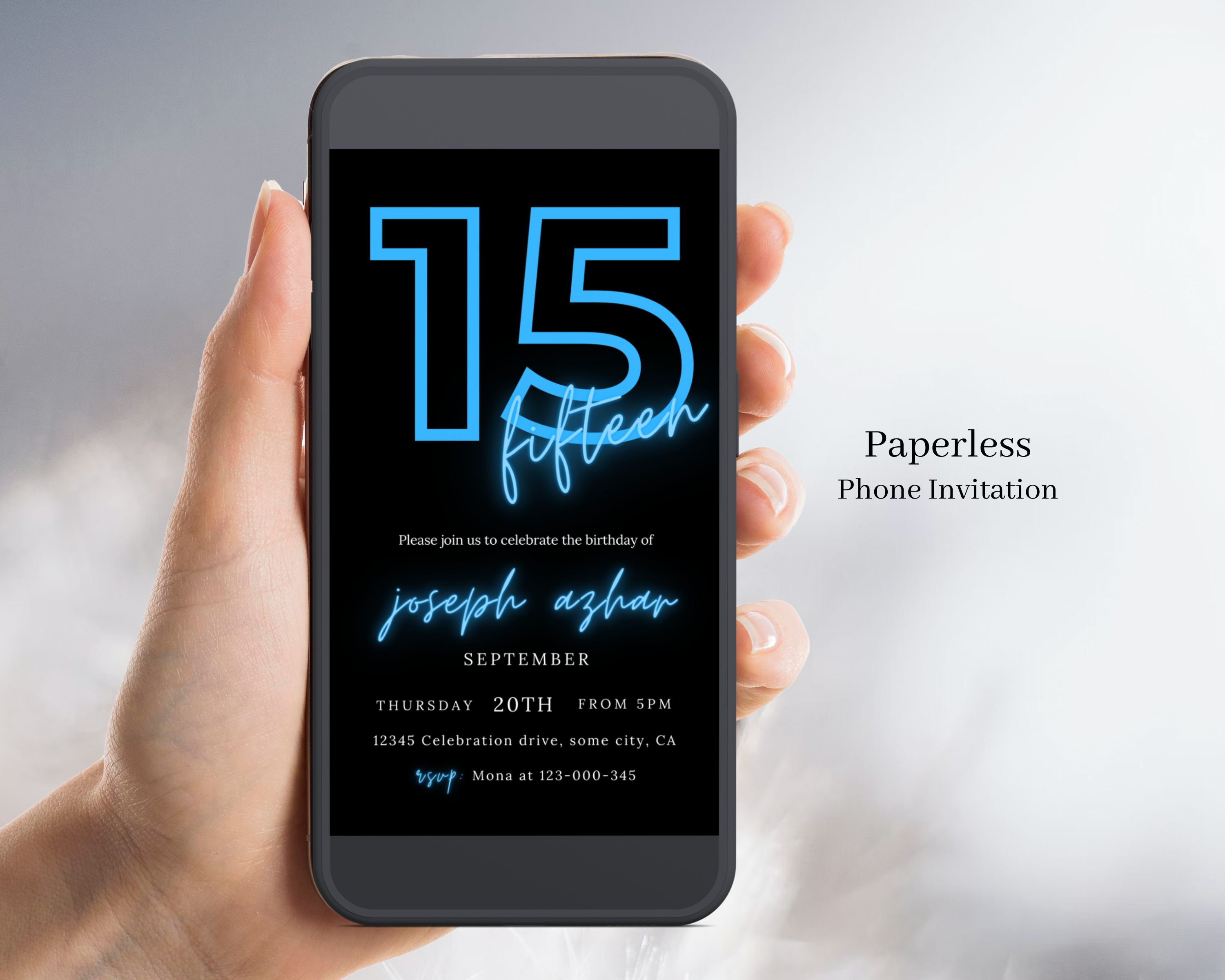 15th Birthday Party Invitation Boys, Digital Download, Blue Neon ...