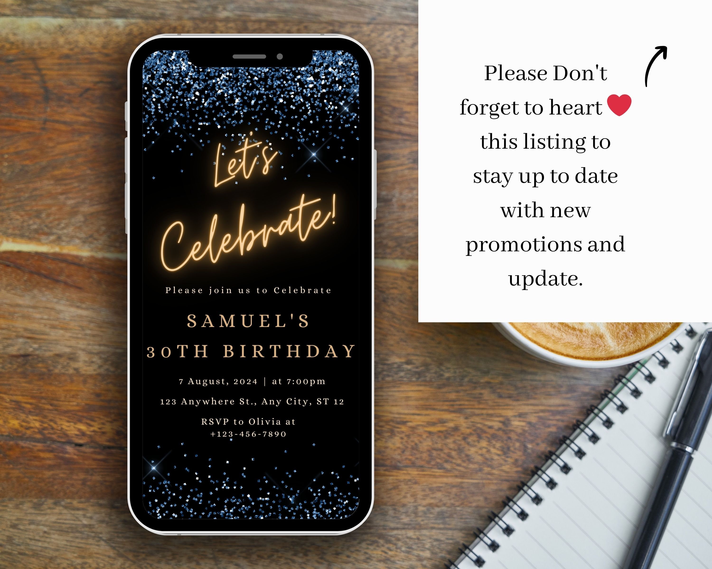 Electronic Birthday Invitation Template for Adult Men Blue Glitter ...