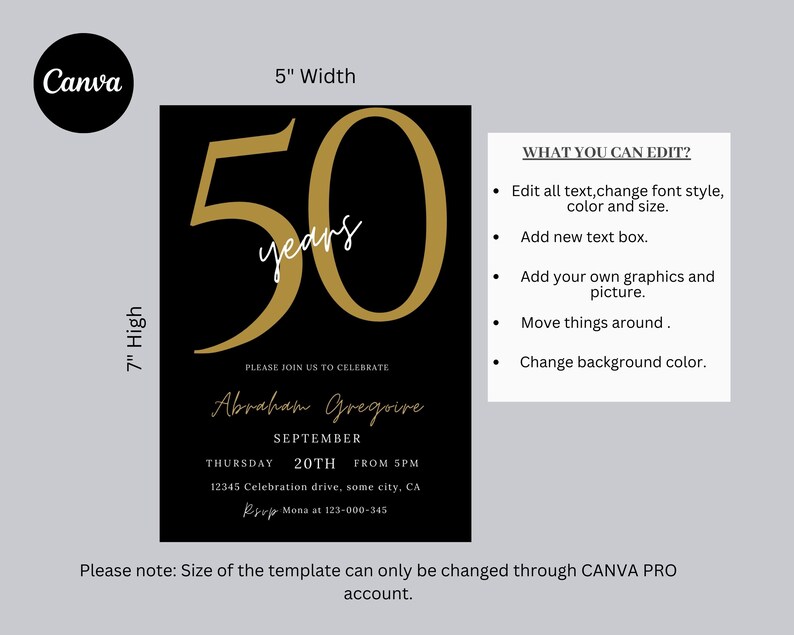 50th Birthday Invitation for Men, Black and Gold, Digital Download ...
