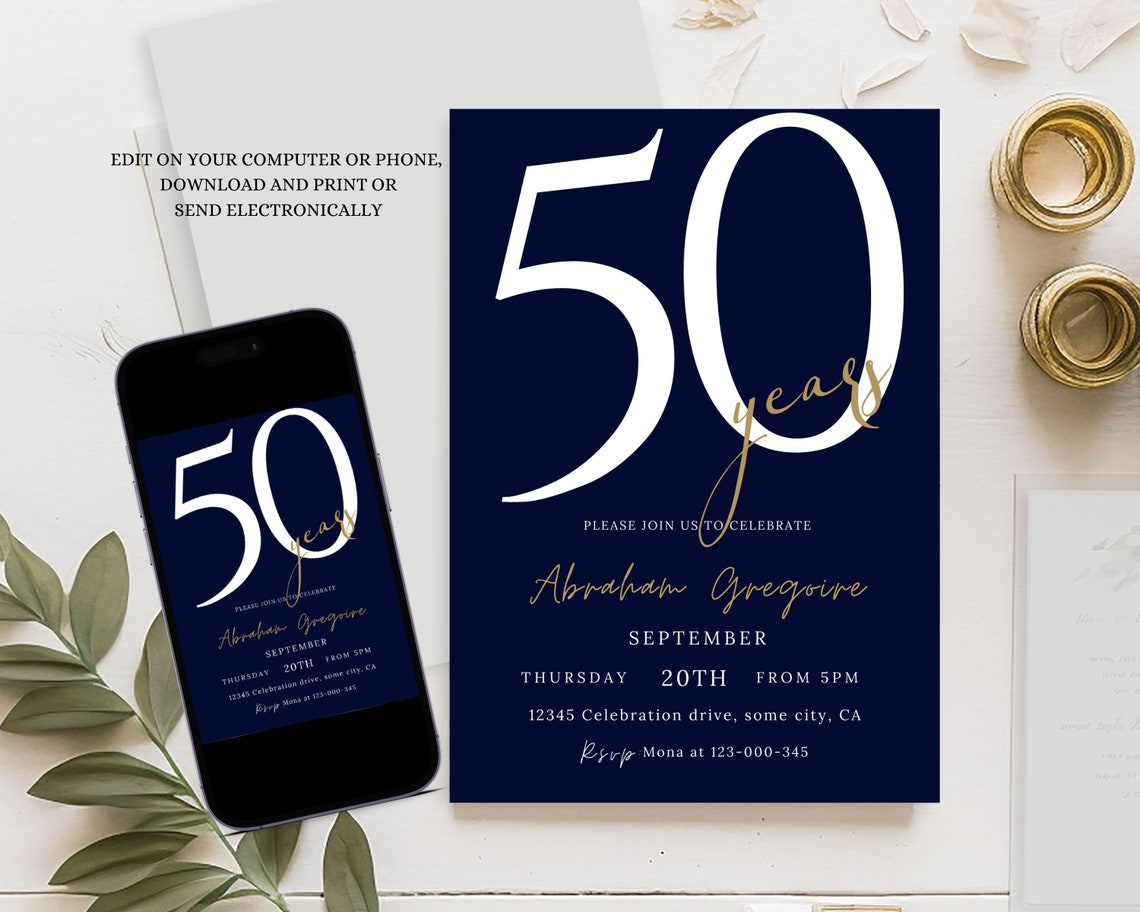 50th Birthday Invitation, Navy Blue Birthday Invitation Template for ...