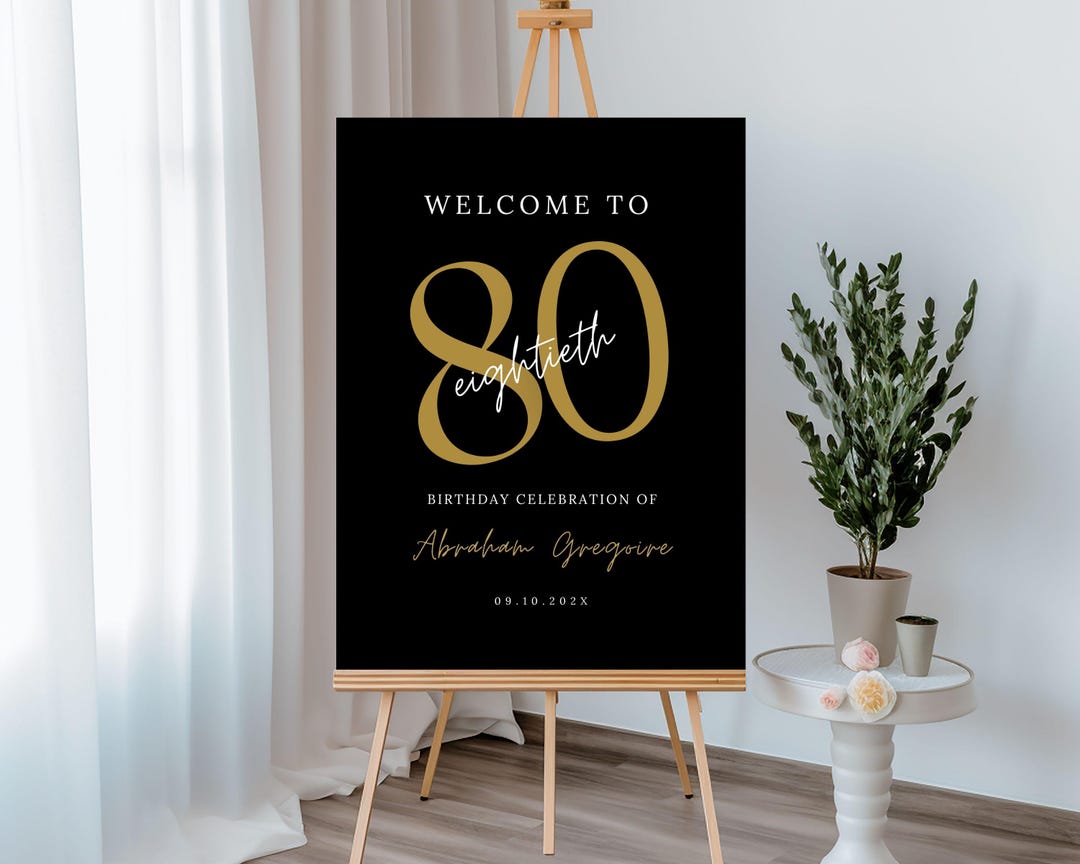 80th Birthday Welcome Sign, Black and Gold Party Decor (canva Template ...