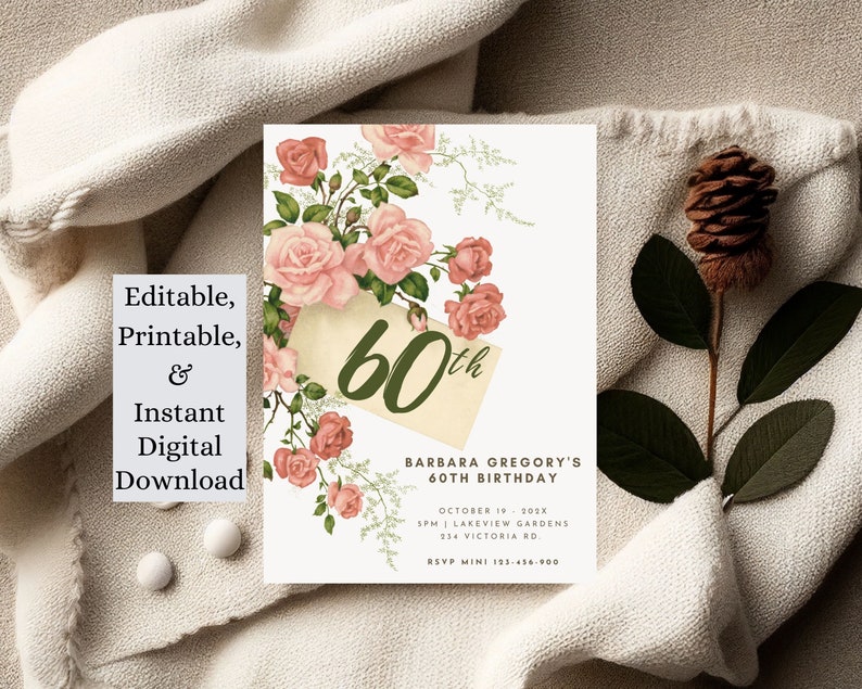 60th Birthday Invitation for Women Digital, Printable 60th Birthday ...
