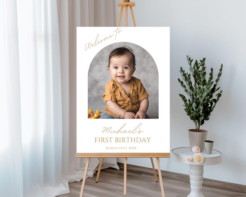 1st Birthday Boy Welcome Sign With Photo, Baby First Birthday Banner ...