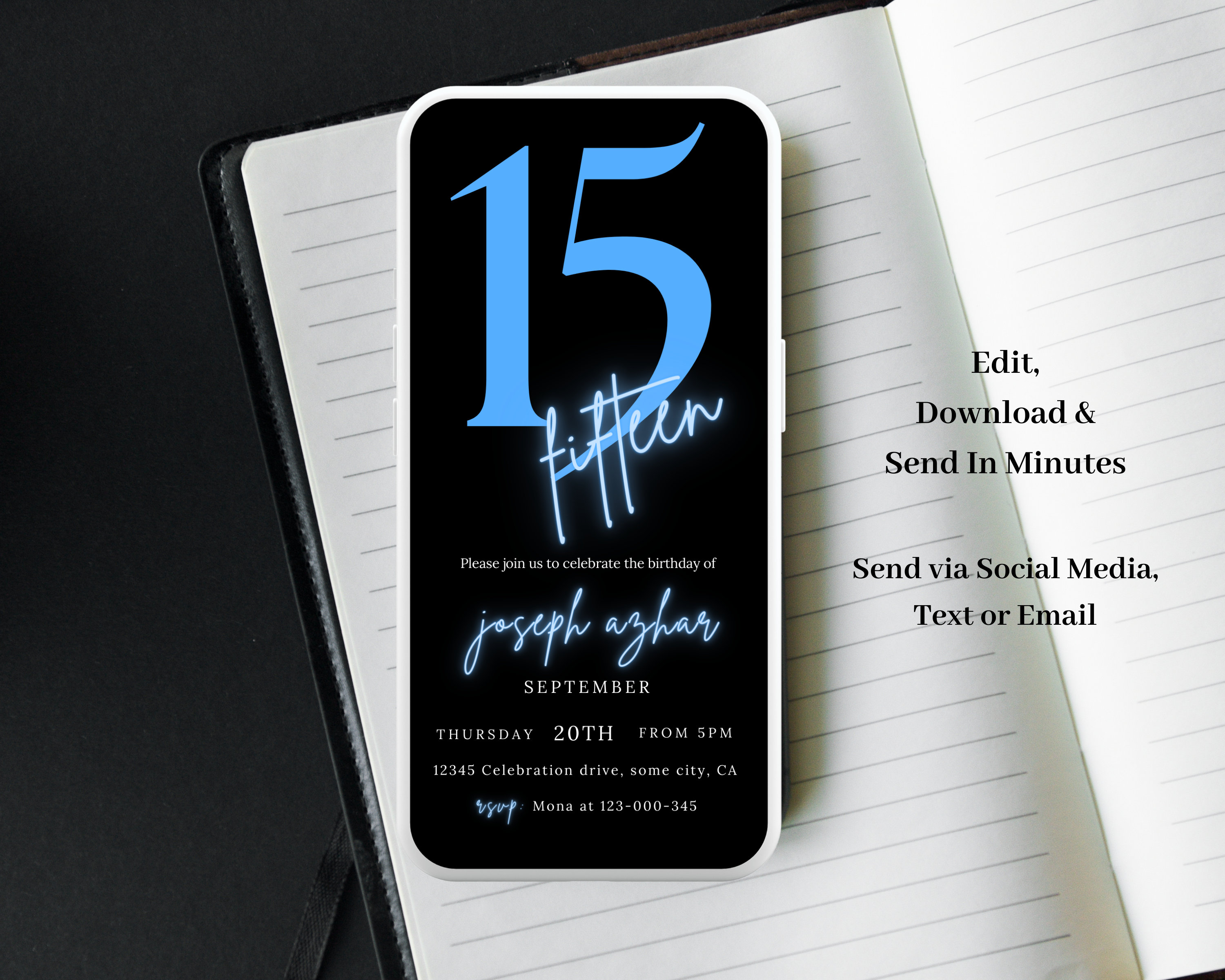 15th Birthday Party Invitation Boys Digital, Blue Fifteenth Birthday ...