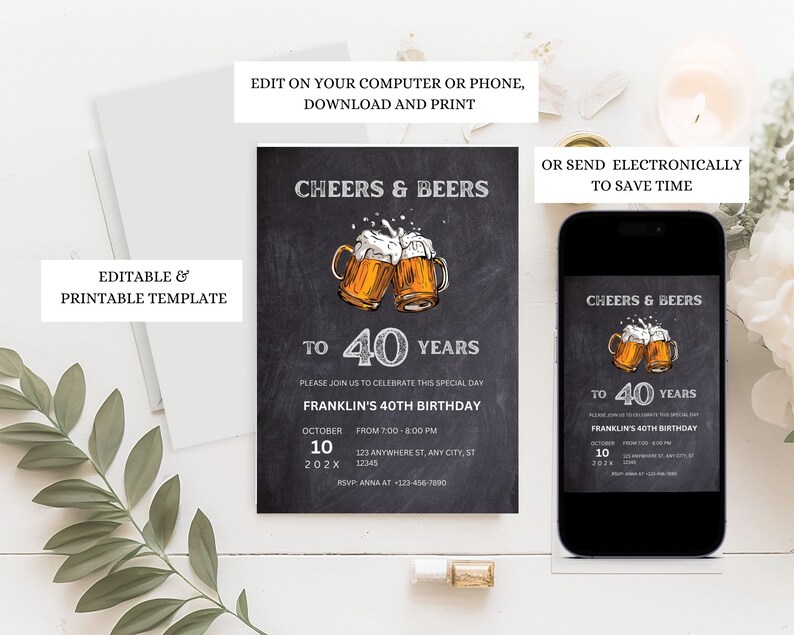 Editable Adult Birthday Invitation For Men Cheers And Beers Invite