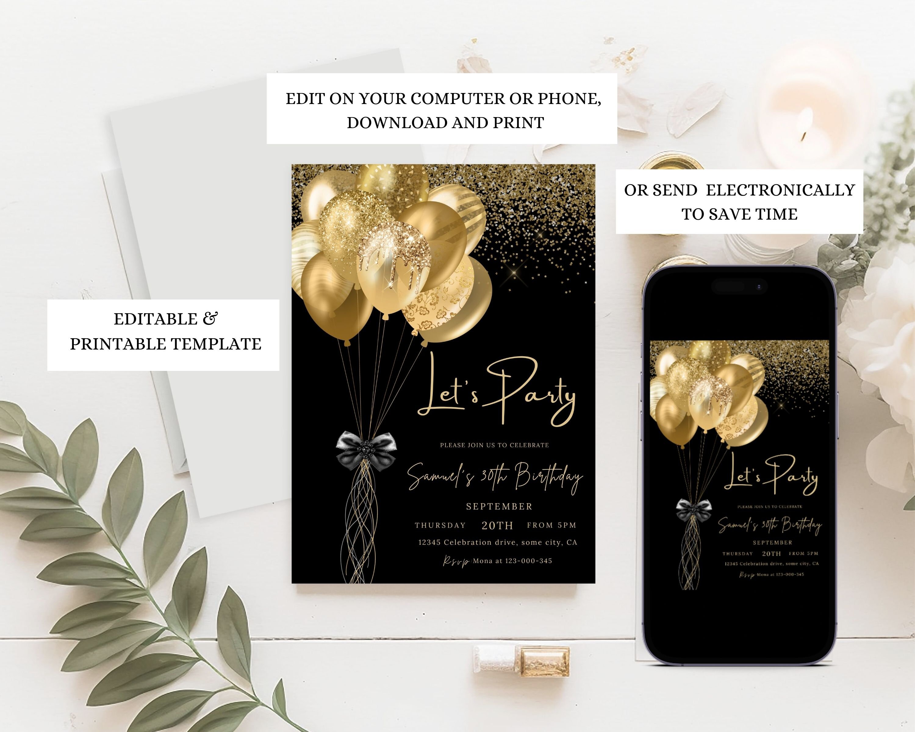 Let's Party Birthday Invitation for Men,black & Gold Balloons, 30th ...