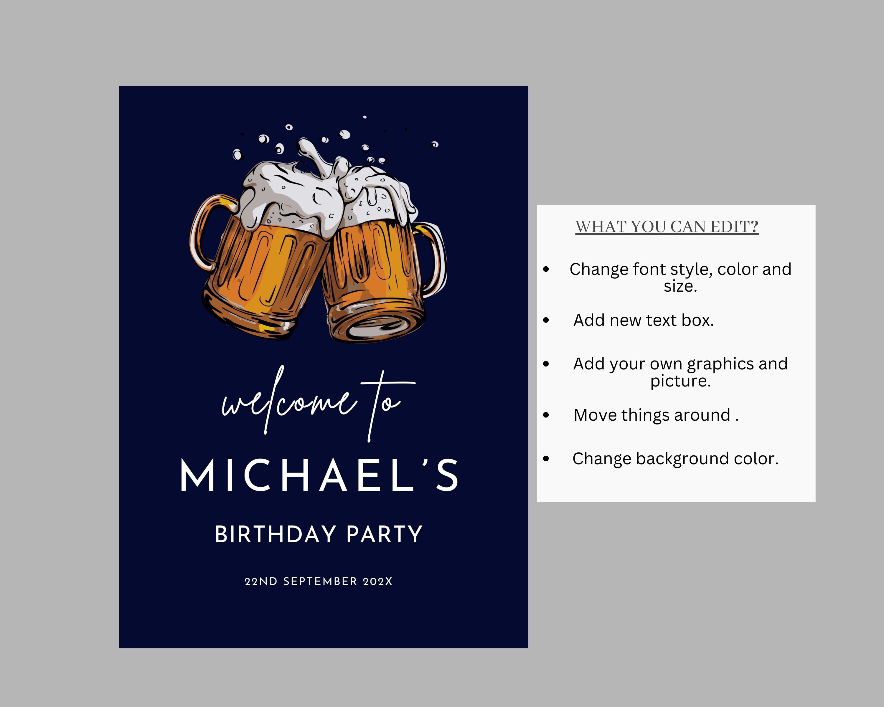 Birthday Welcome Sign Template, Navy Blue, Editable Cheers & Beers ...