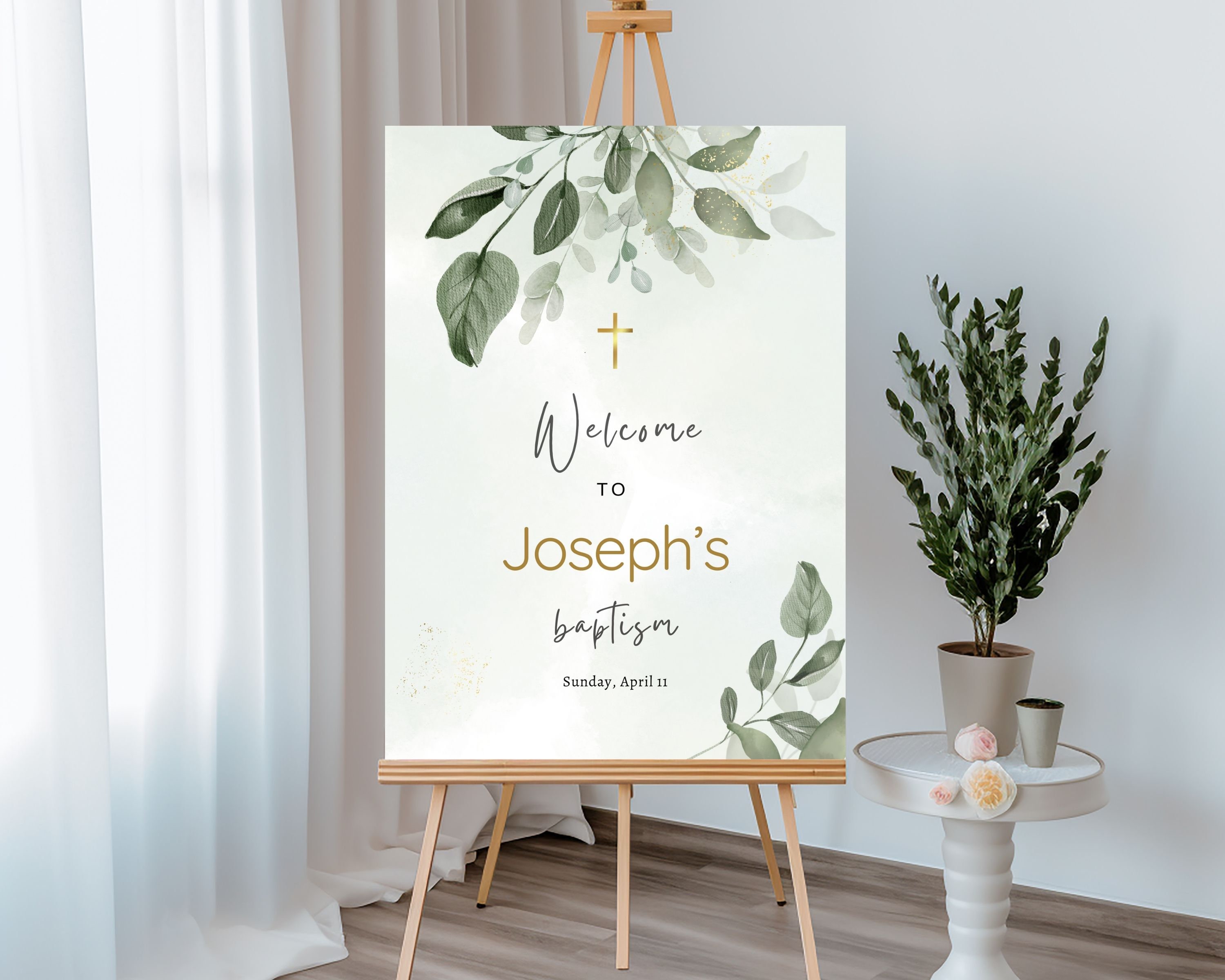 Baptism Welcome Sign for Boy or Girl, Green Eucalyptus Christening ...