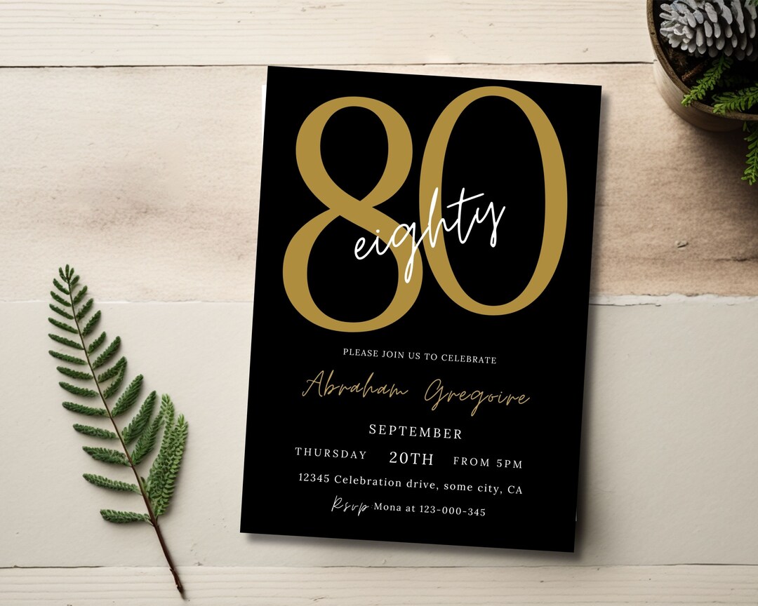 80th Birthday Invitation, Black & Gold Birthday Invitation for Men ...