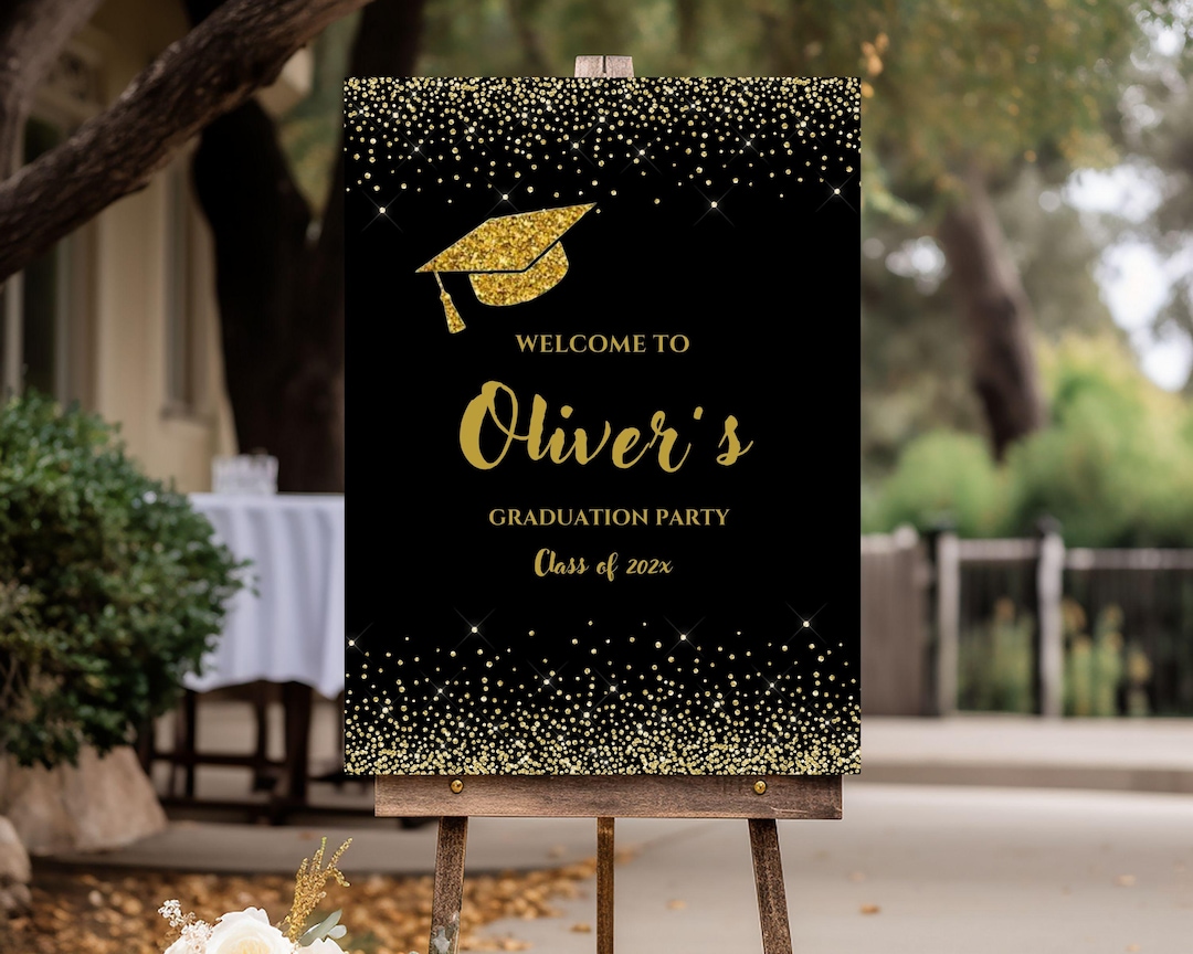 Black and Gold Graduation Welcome Sign, Party Banner (canva Template ...