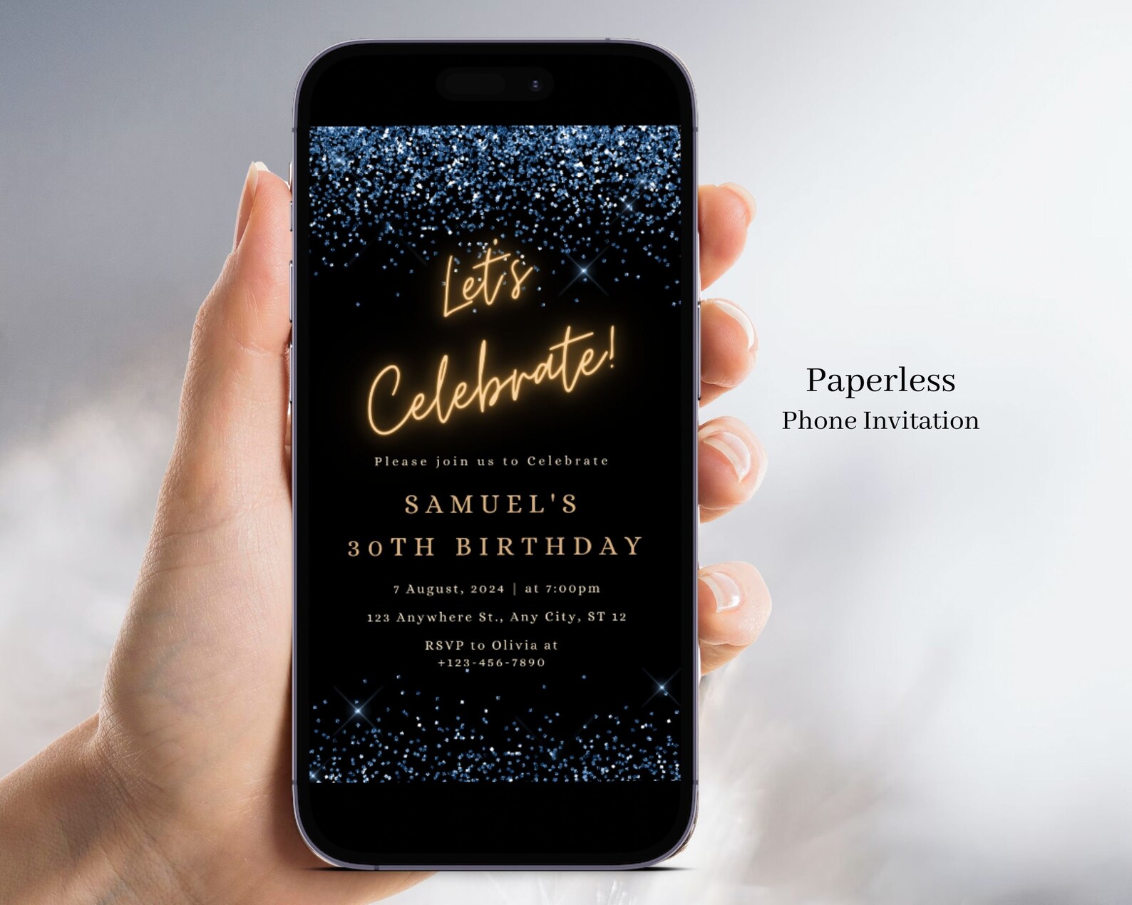 Electronic Birthday Invitation Template for Adult Men Blue Glitter ...