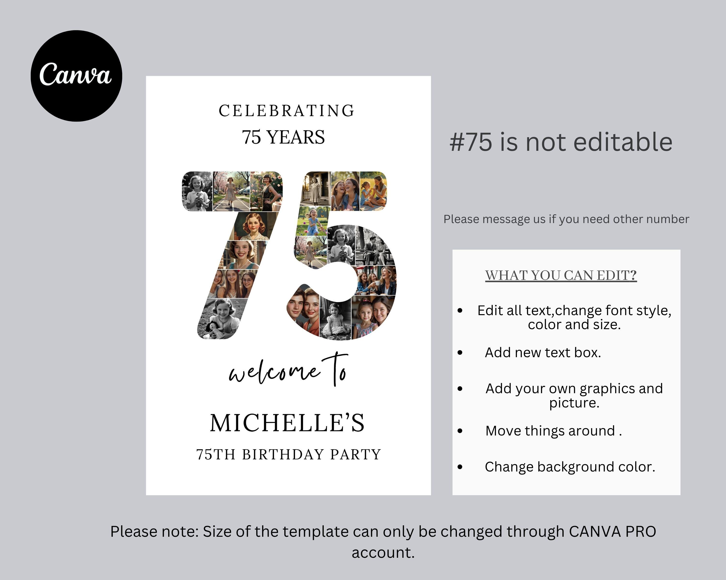 75th Birthday Welcome Sign Template | Photo Collage (digital Download ...