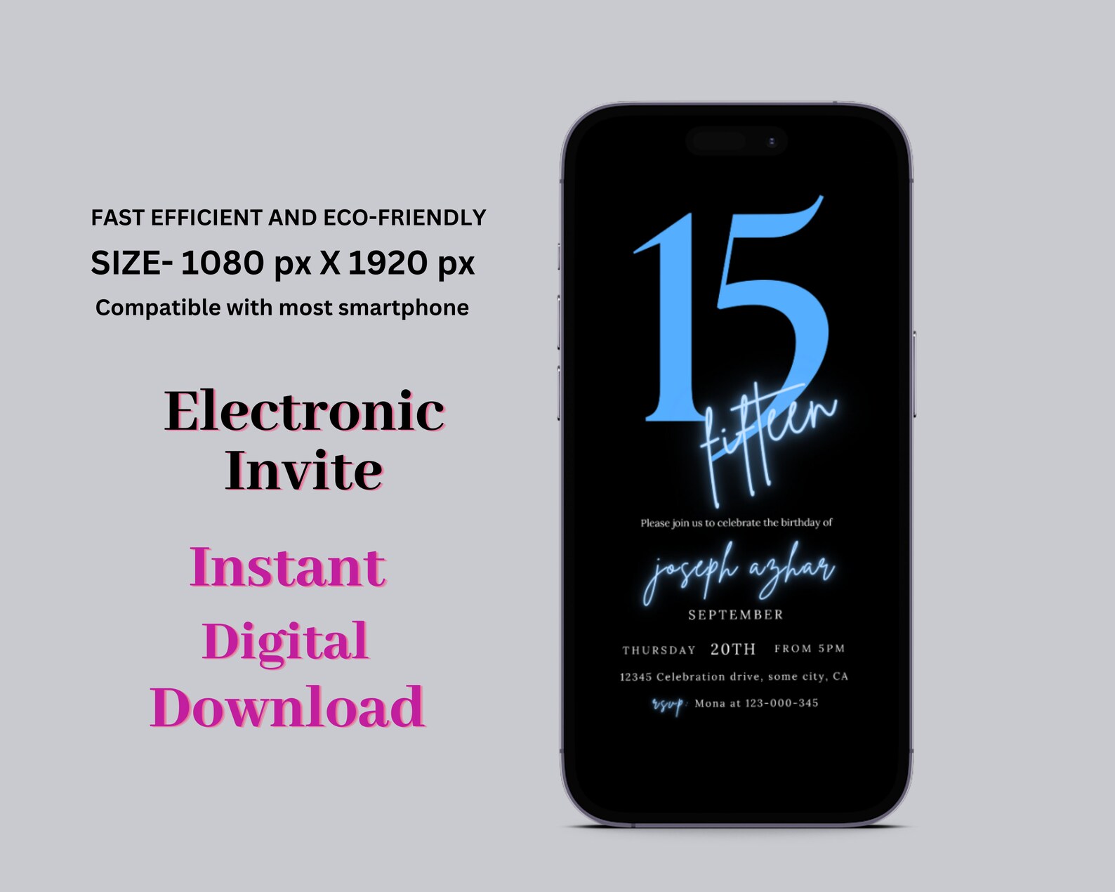 15th Birthday Party Invitation Boys Digital, Blue Fifteenth Birthday ...