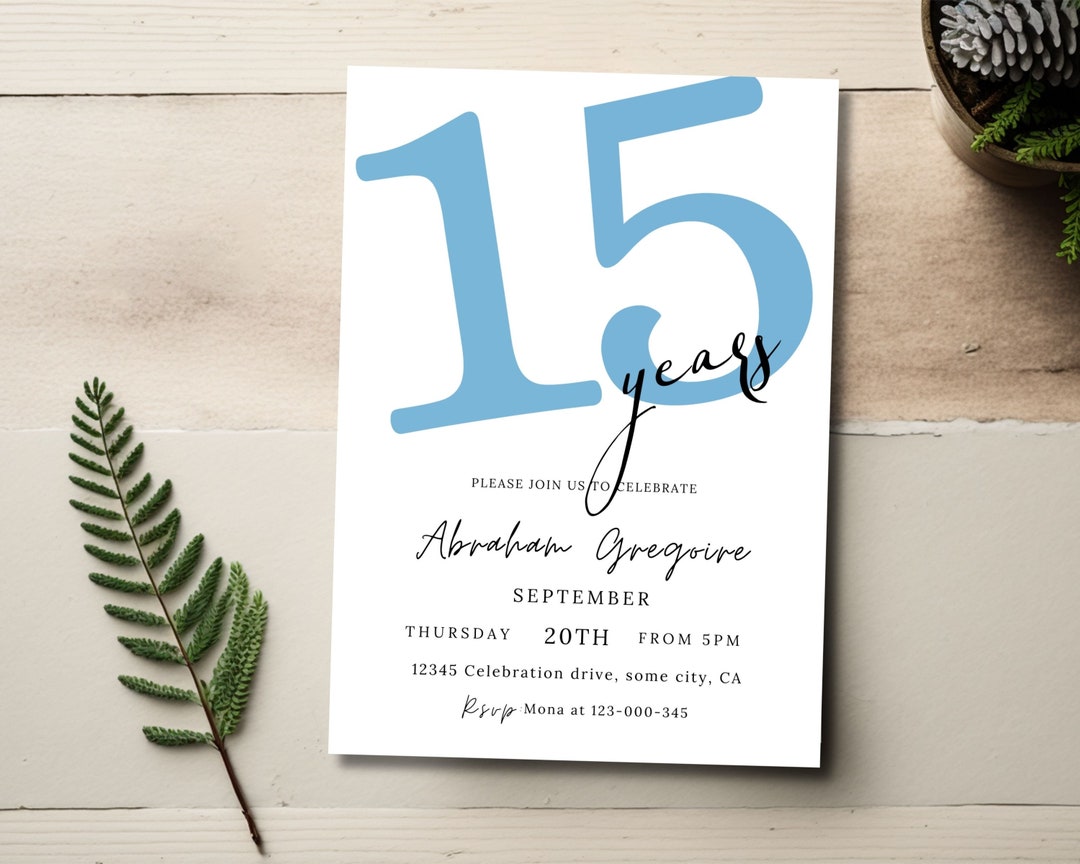 15th Birthday Party Invitation Boys, Printable 15th Birthday Invite for ...