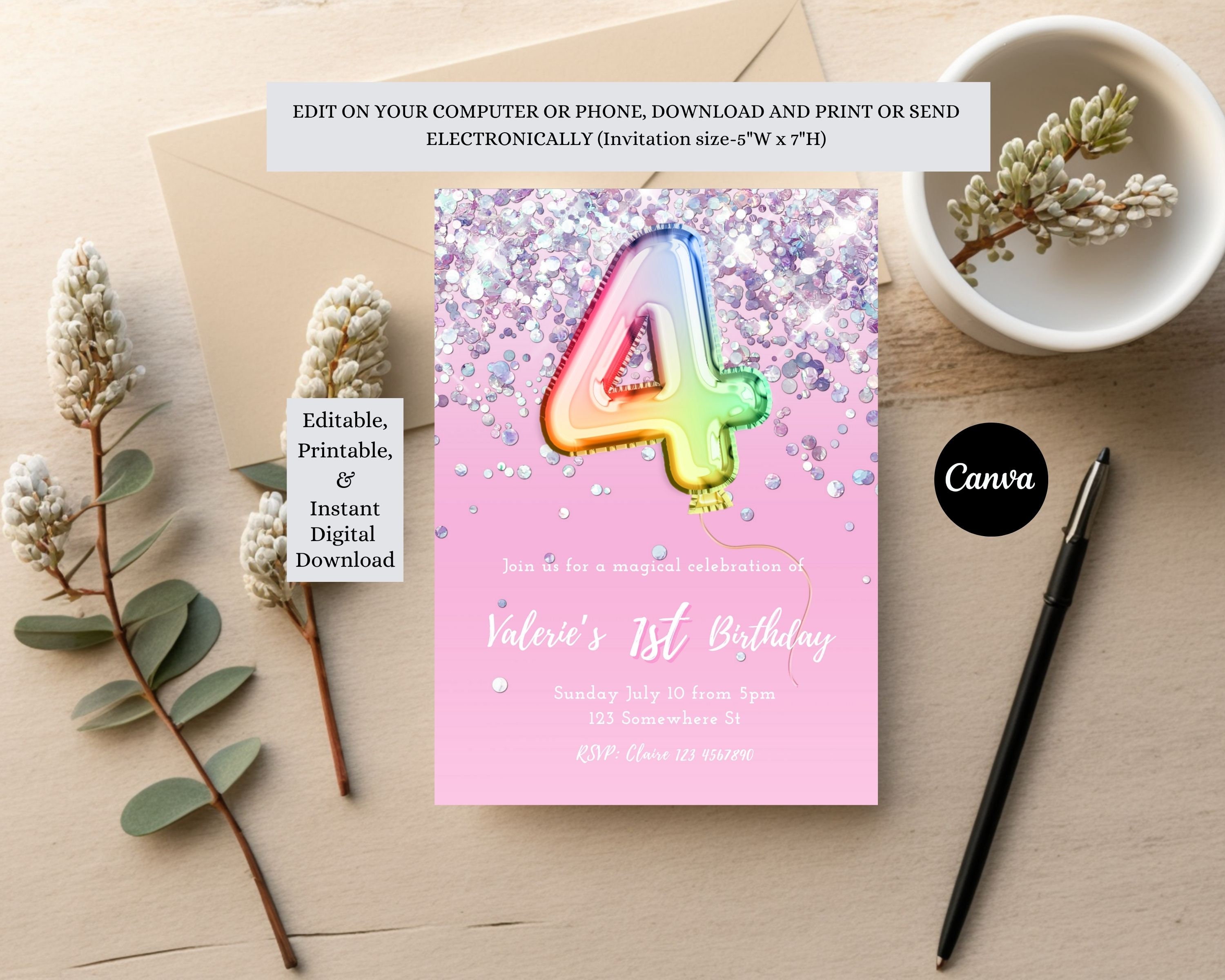 Editable Pink 4th Birthday Invitation Template Printable - Etsy