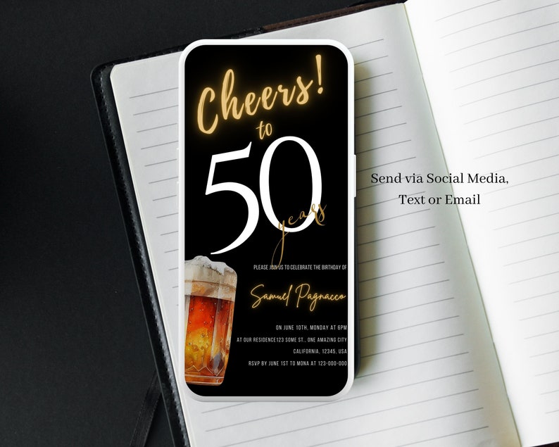 Electronic 50th Birthday Invitation for Men Digital Download, Cheers ...