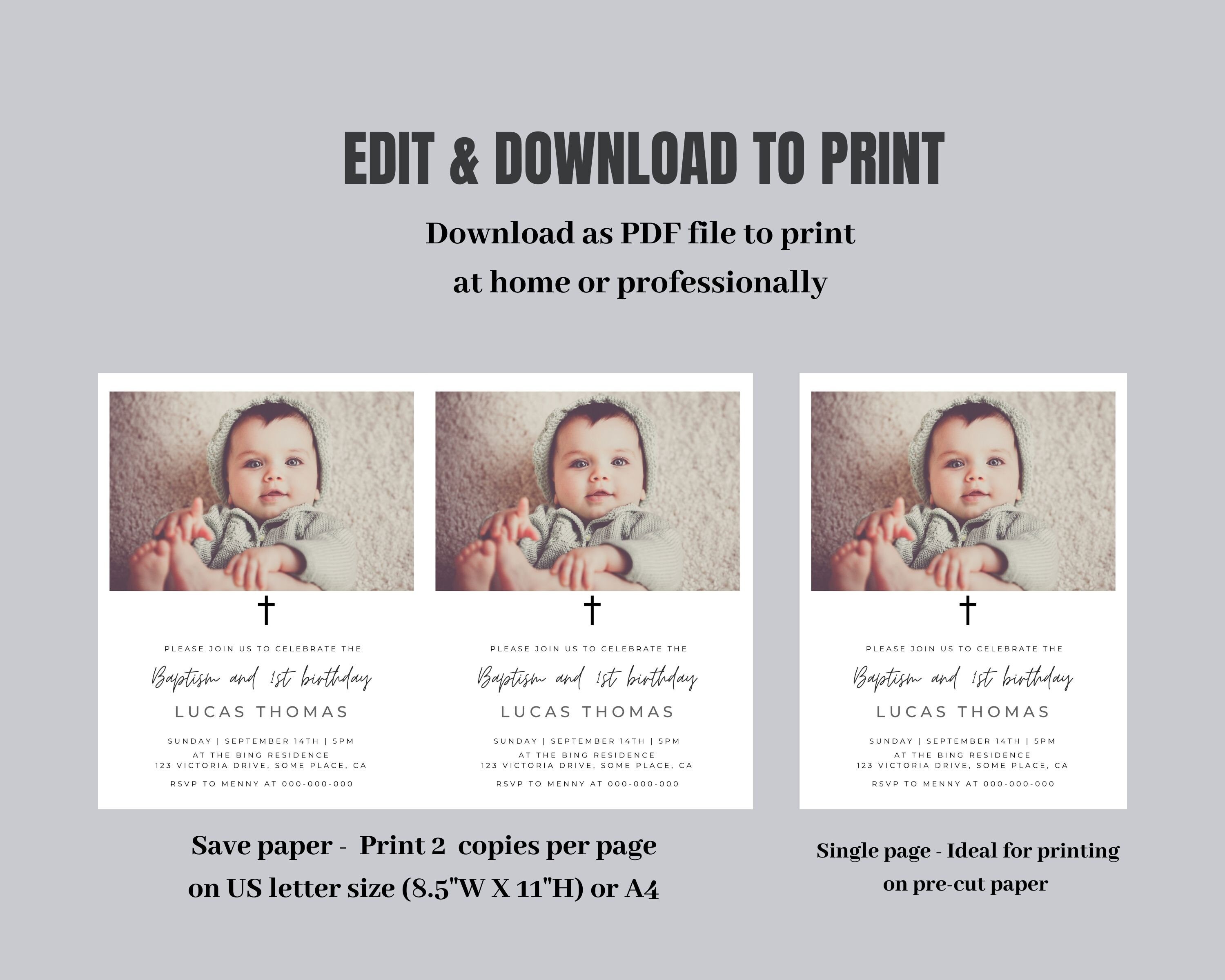 Baptism and 1st Birthday Invitation Template, Printable Photo Invite ...