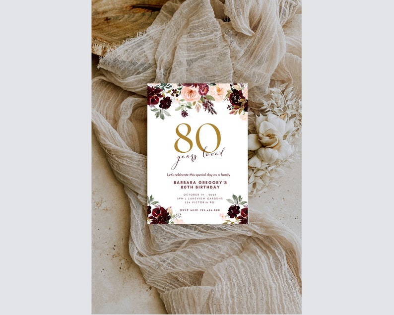 Burgundy Floral 80th Birthday Invitation Template (digital) -69 - Etsy