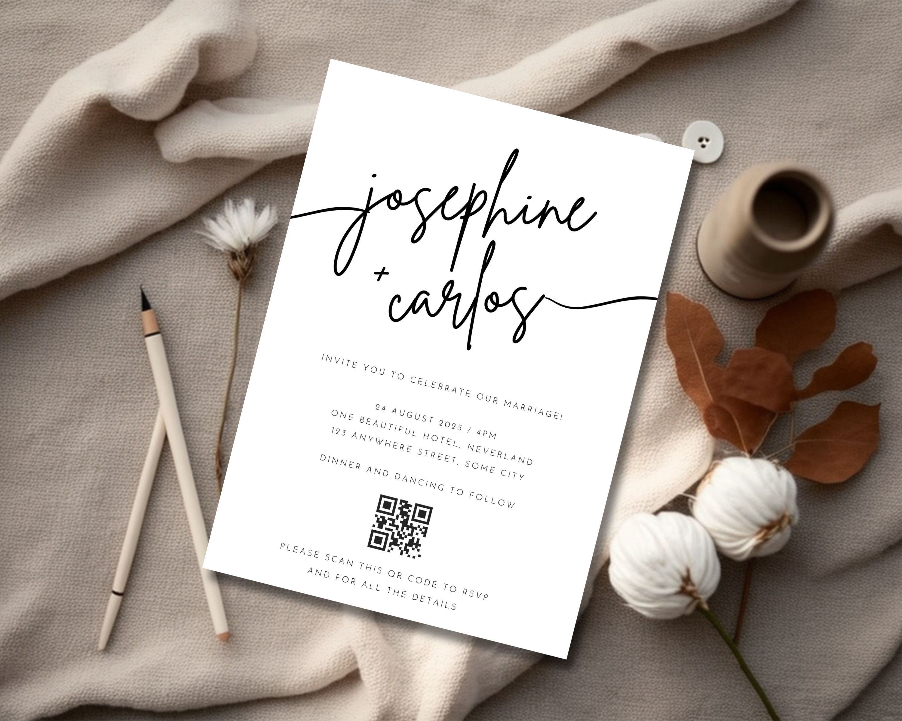 Minimal Wedding Invitation With QR Code RSVP, Wedding Invitation With ...