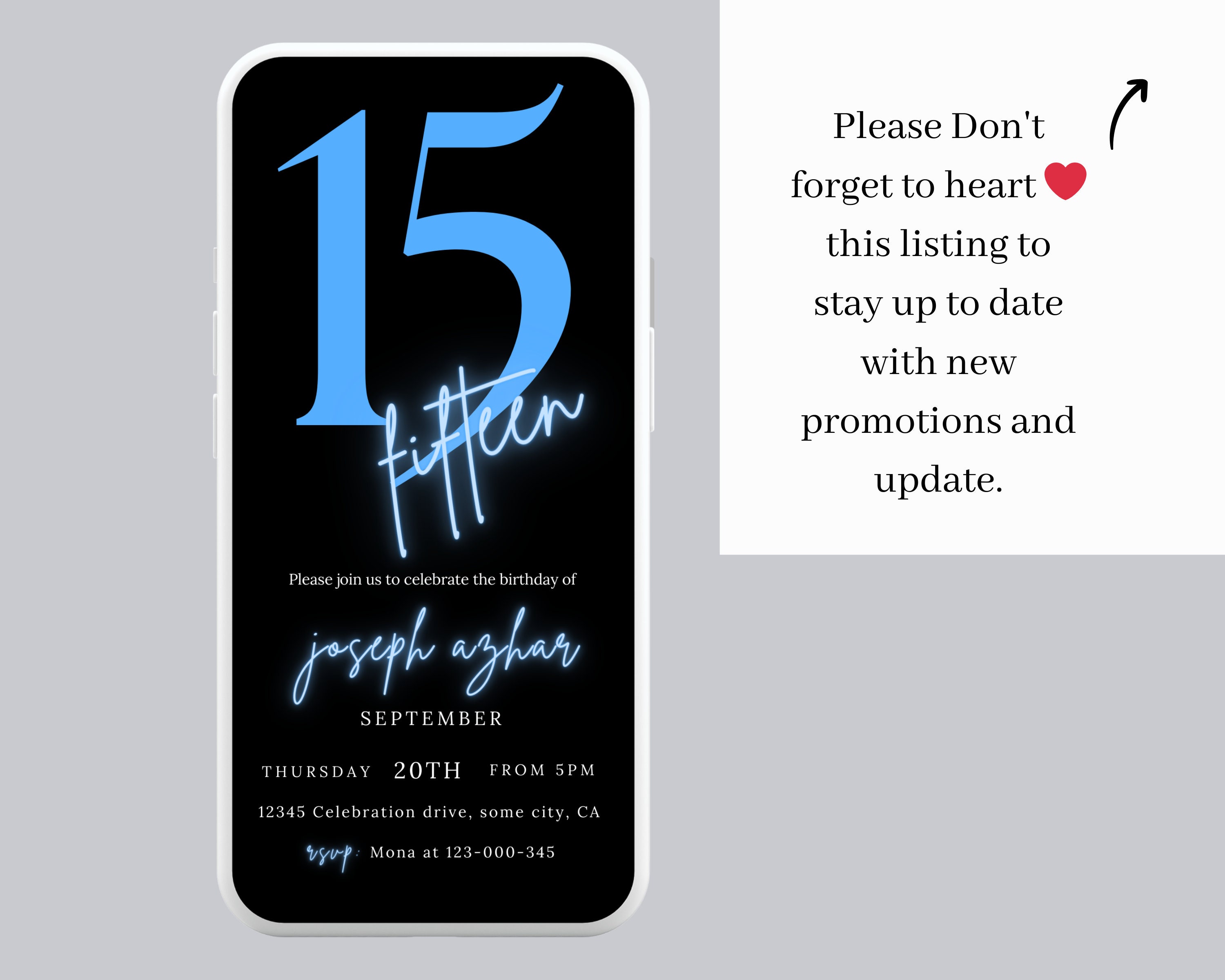 15th Birthday Party Invitation Boys Digital, Blue Fifteenth Birthday ...