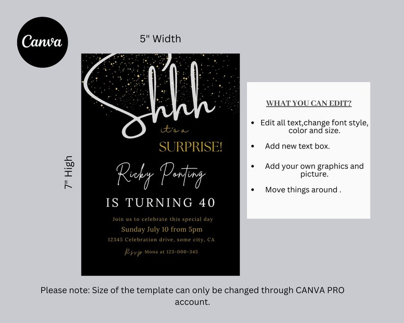 Surprise Birthday Party Invitation Template, Black and Gold, Shh It's a ...
