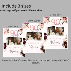 Floral 90th Birthday Photo Welcome Sign Burgundy Pink Roses Party ...