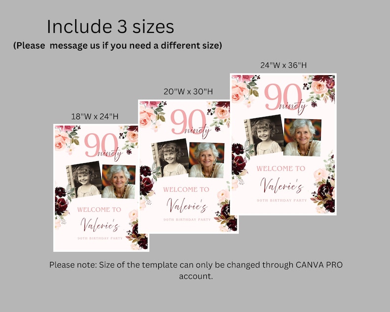 Floral 90th Birthday Welcome Sign, Burgundy Roses, Photo Collage (canva ...