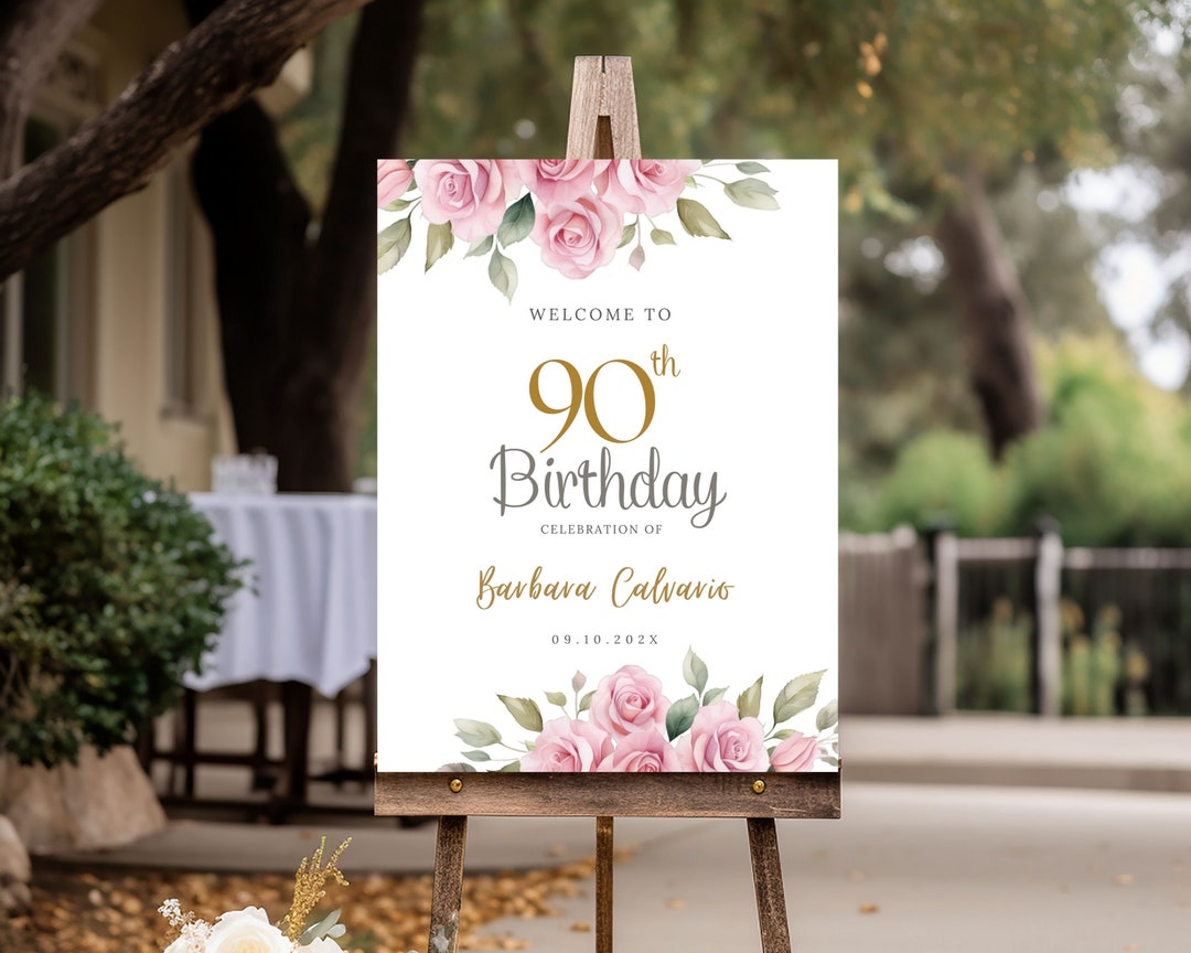 90th Birthday Welcome Sign Template, Pink Floral Welcome Banner,party ...